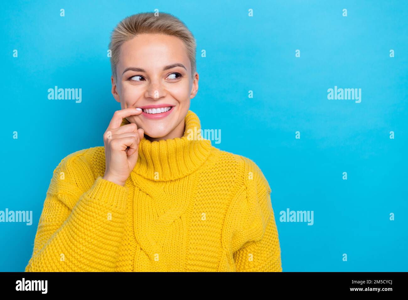 Photo of tricky cunning girl dressed knitwear pullover finger lips ...