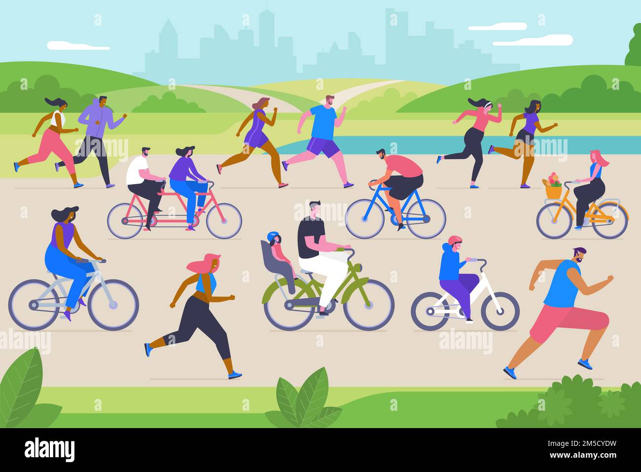 Outdoor sport activities flat vector illustration. Young men, women and ...