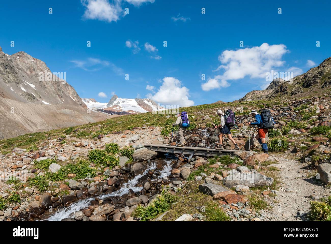 The image is of mountain walkers trekkers in the Oetztal Alps in the ...