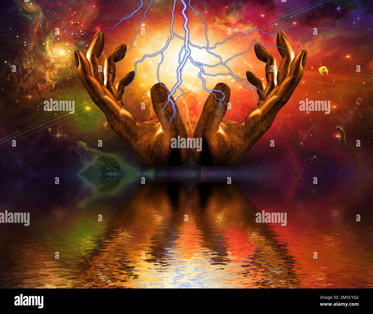 Hands of Creator in Colorful Universe. 3D rendering Stock Photo - Alamy