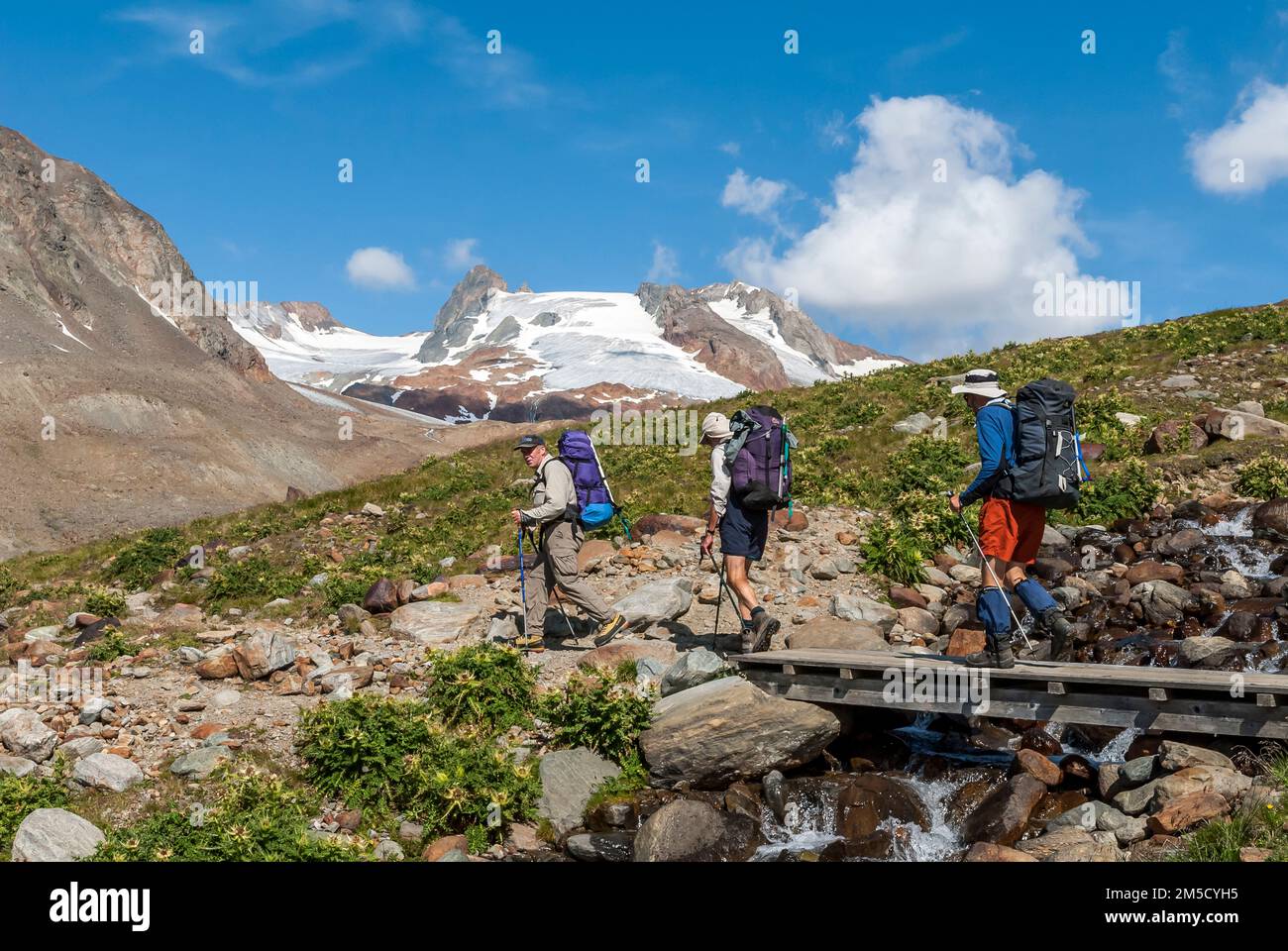 The image is of mountain walkers trekkers in the Oetztal Alps in the ...