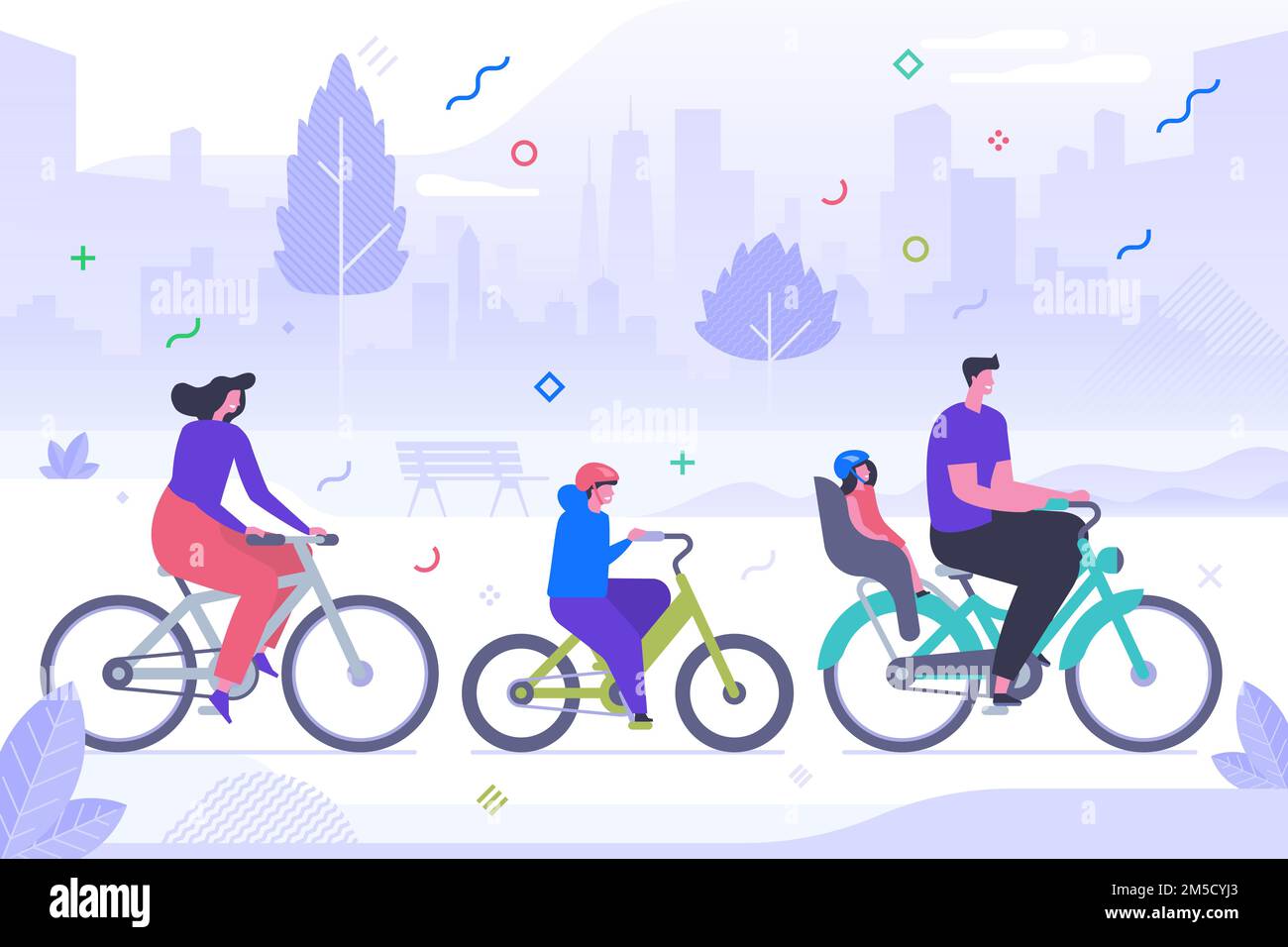 Family cycling flat vector illustration. Happy mother, father and ...
