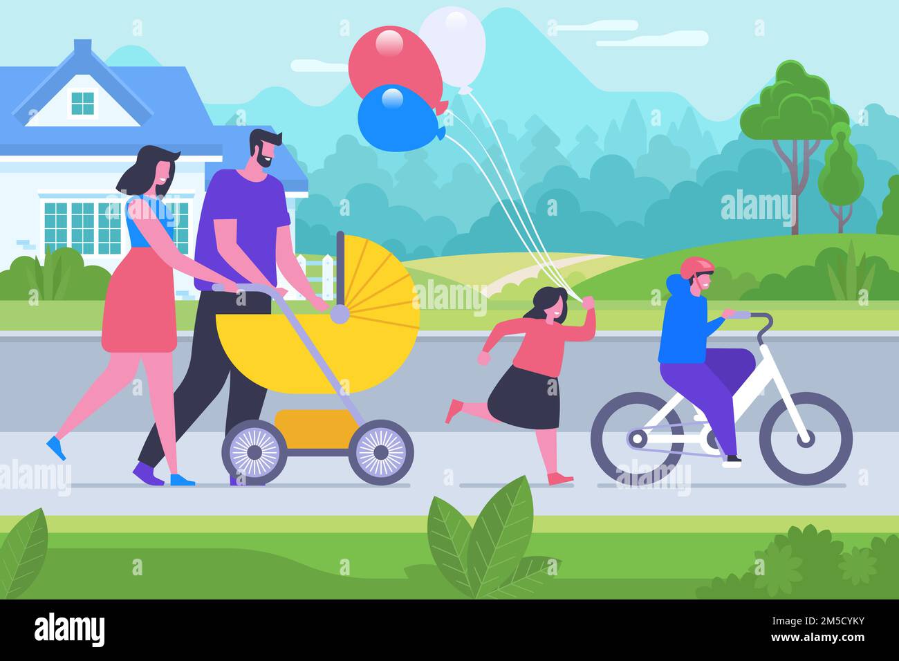 Parents and kids bonding flat vector illustration. Mother, father, son ...