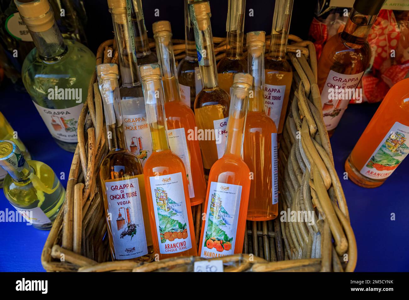 Manarola, Italy - June 2 2022: Bottles of traditional Cinque Terre ...
