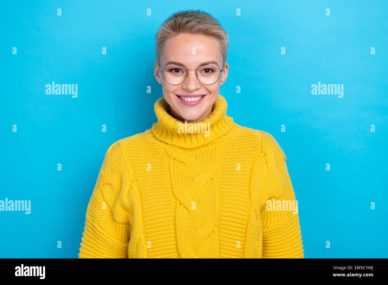 Photo of stunning lovely lady wear yellow winter jumper buy glasses ...