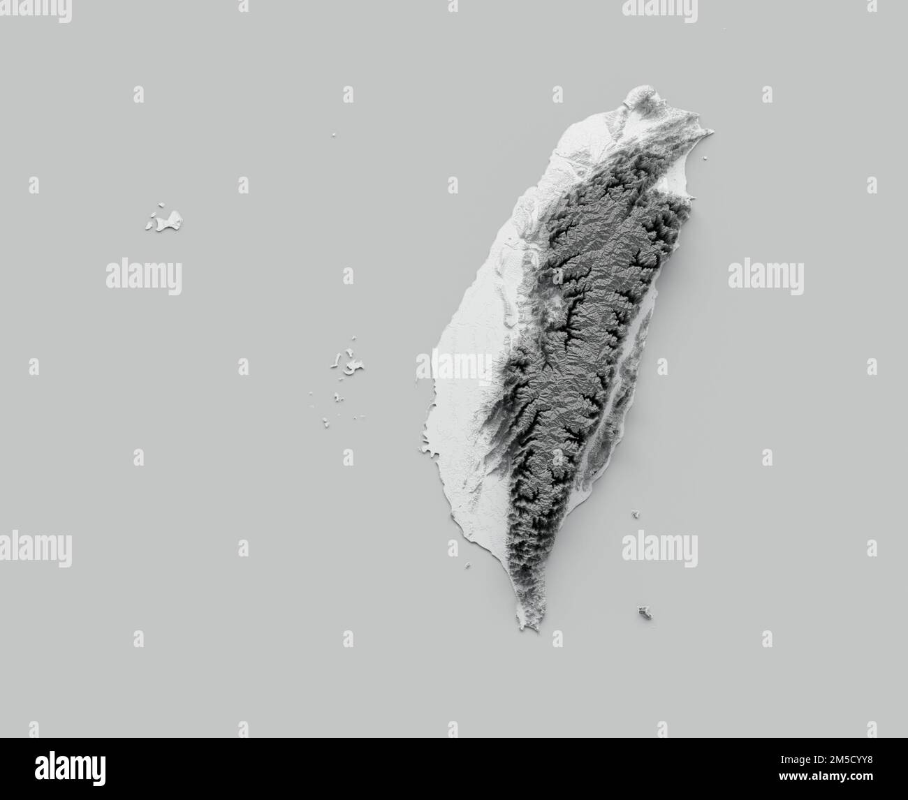 A 3D rendering of shaded relief Taiwan map isolated on light gray ...