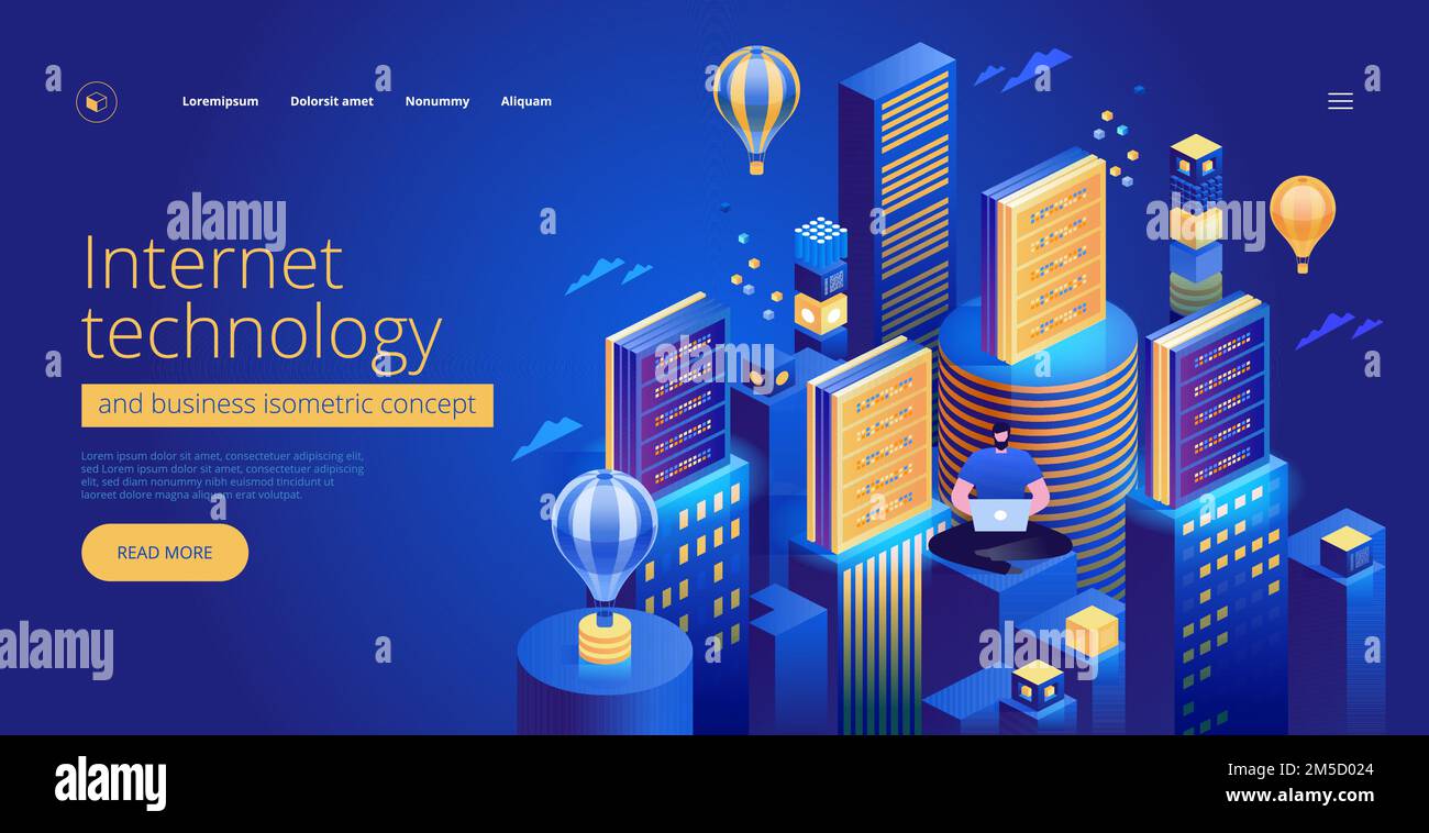 Internet technology and business isometric concept. Computing and information technology for ...