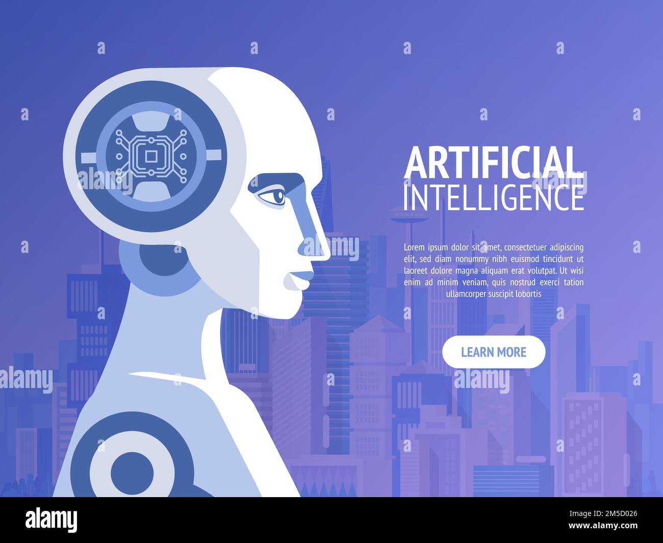 Artificial intelligence concept. Robot on city background. Vector ...