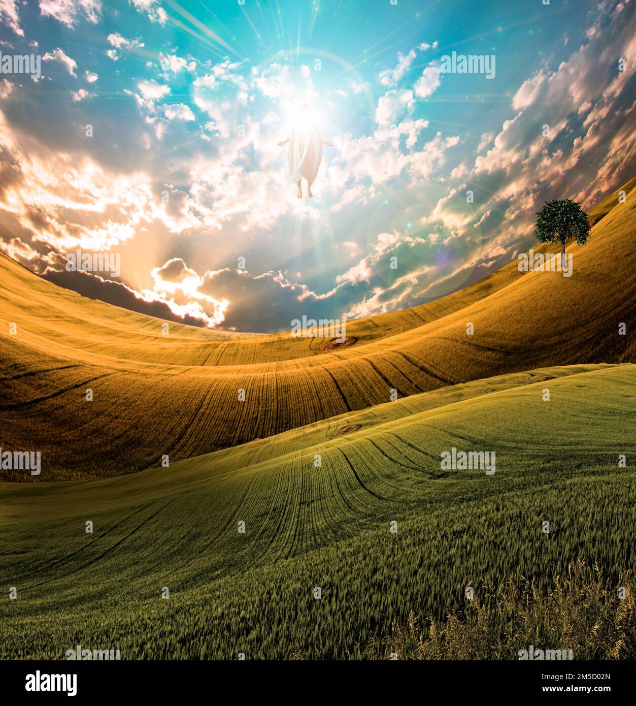 Figure of Light Appears in Sky over Beautiful Landscape. 3D rendering ...