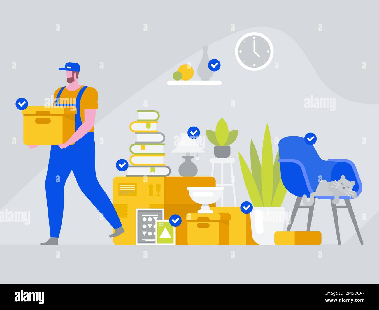Man in uniform with cardboard boxes. Moving House. Vector flat style ...