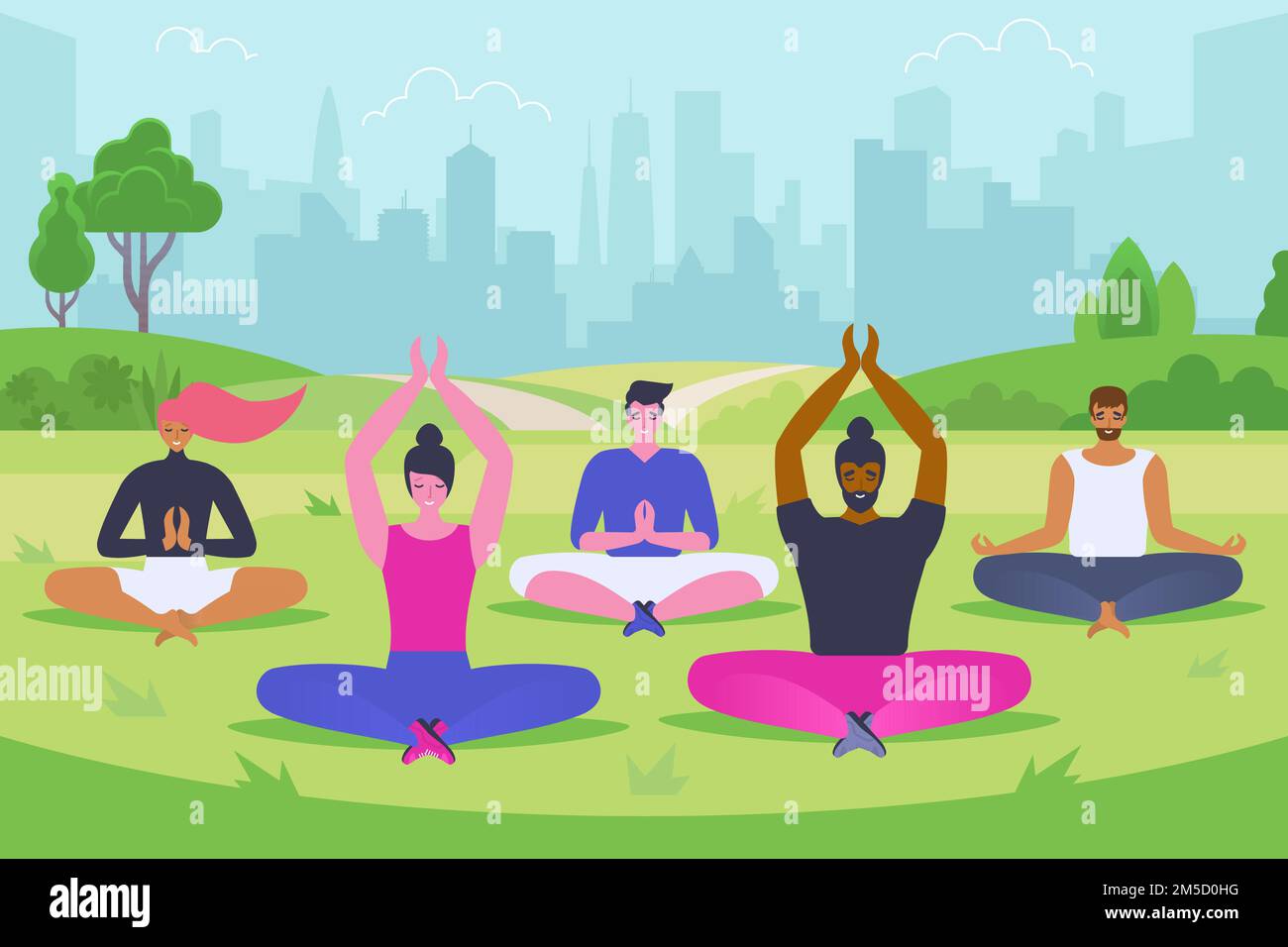 Outdoor meditation flat vector illustration. Smiling men and women in ...