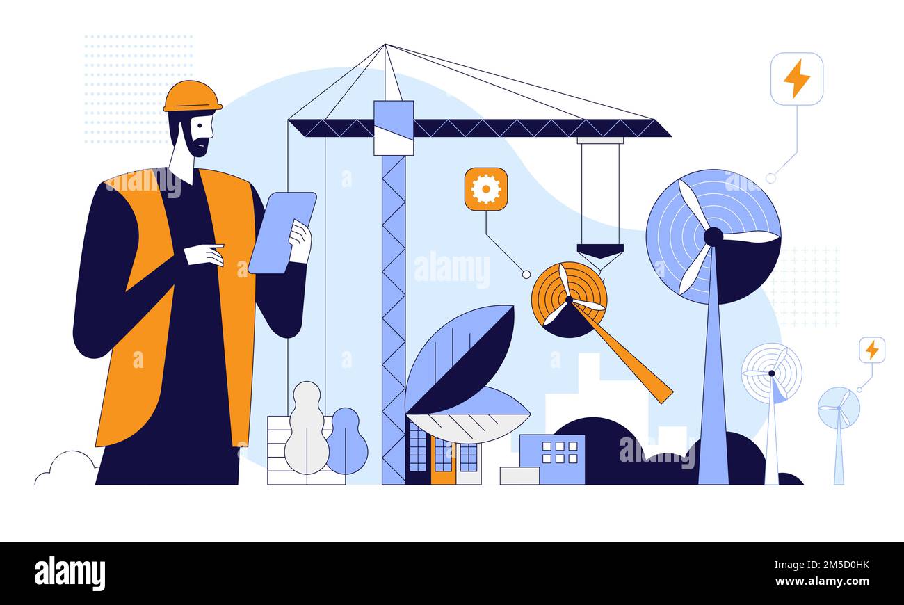 Alternative energy source flat vector illustration. Wind turbines ...