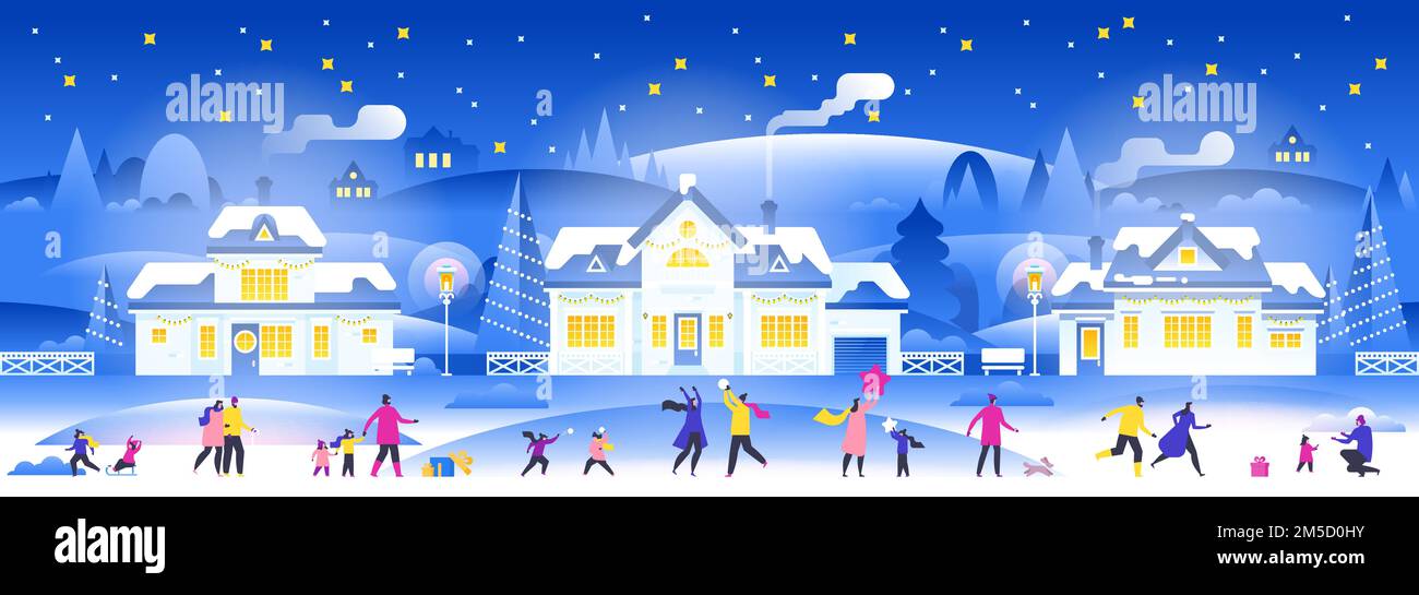 Snowy night with people in cozy town city panorama Winter town village ...