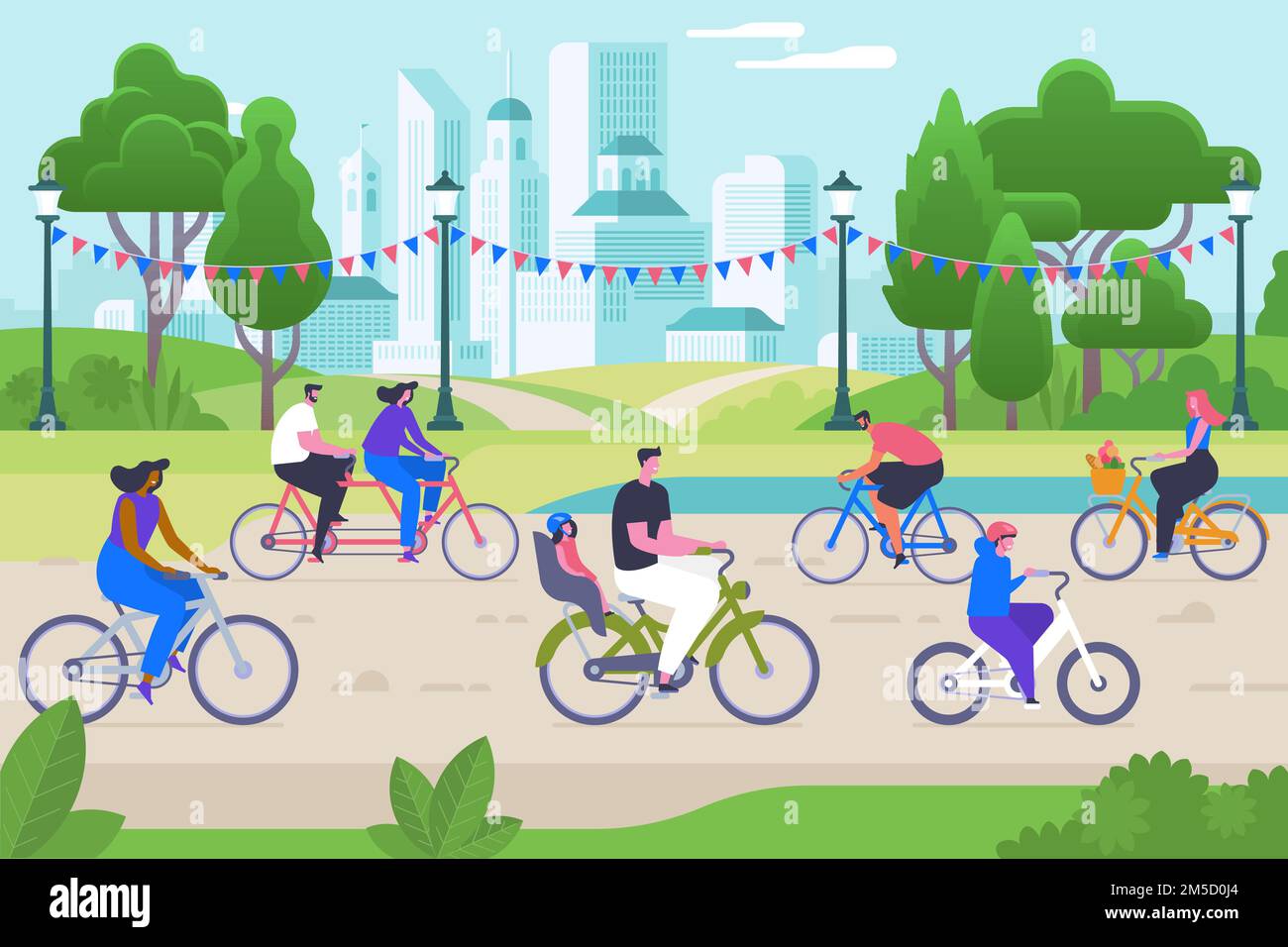 People on bicycles flat vector illustration. Smiling men and women ...