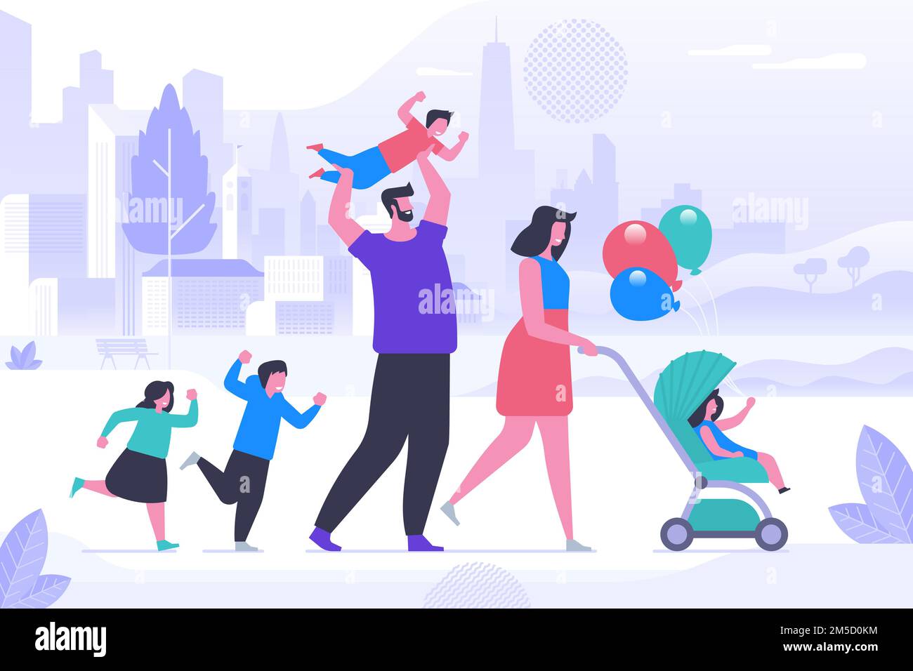 Family on outdoor stroll flat vector illustration. Smiling mother ...