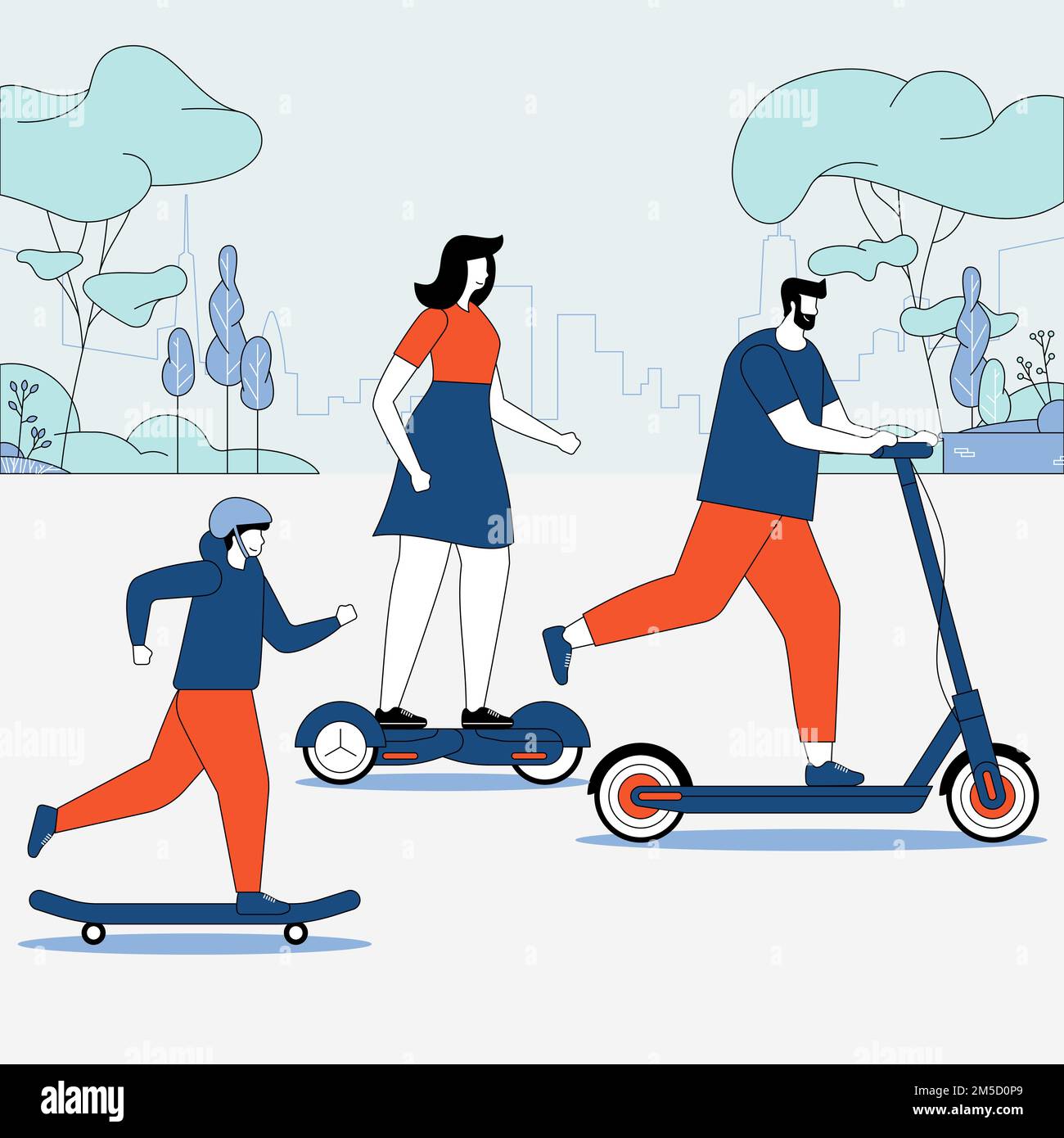 People driving different ecological transport Spend active leisure in ...