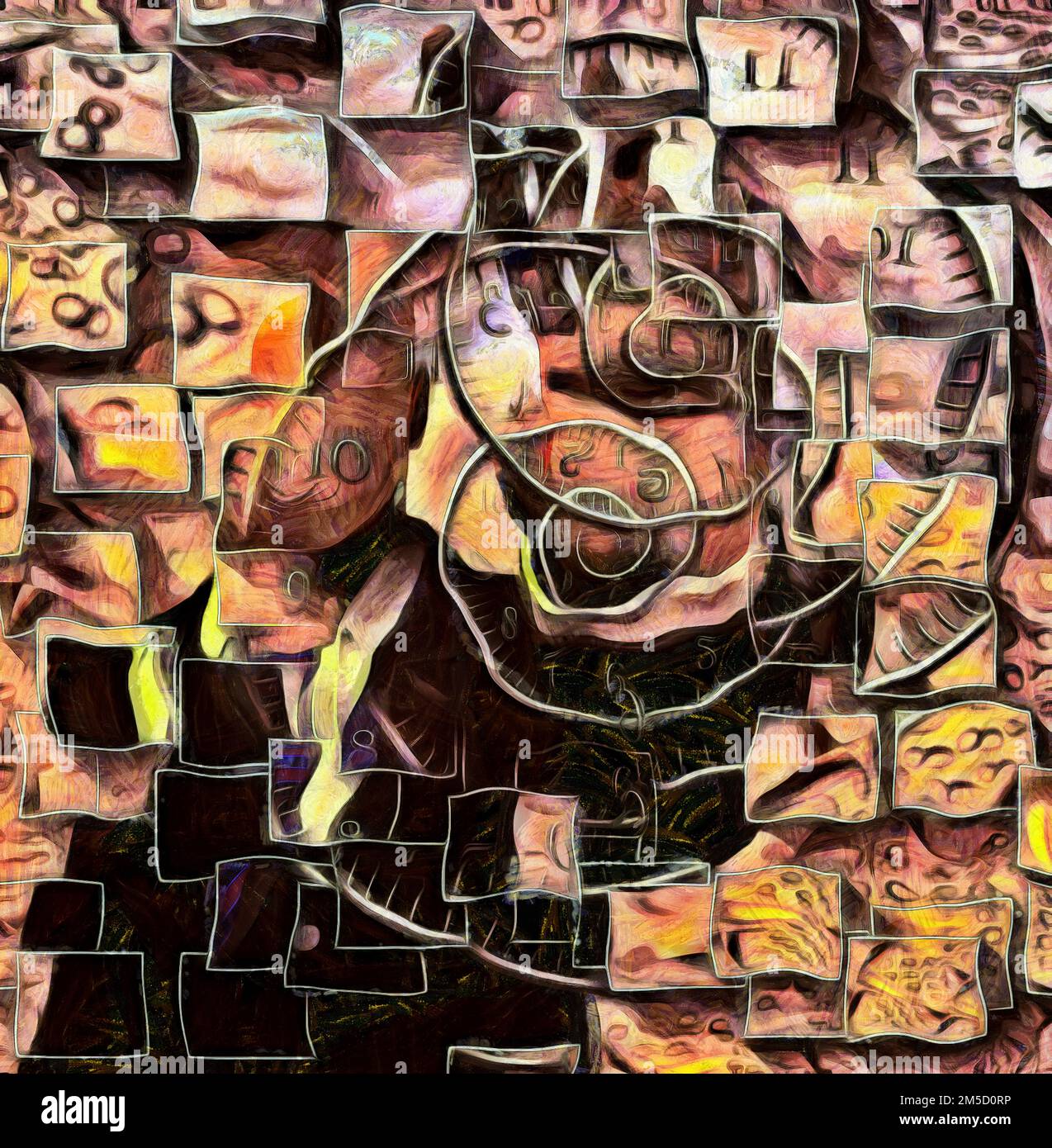 Abstract painting. Faceless man in suit holds spirals of time ...