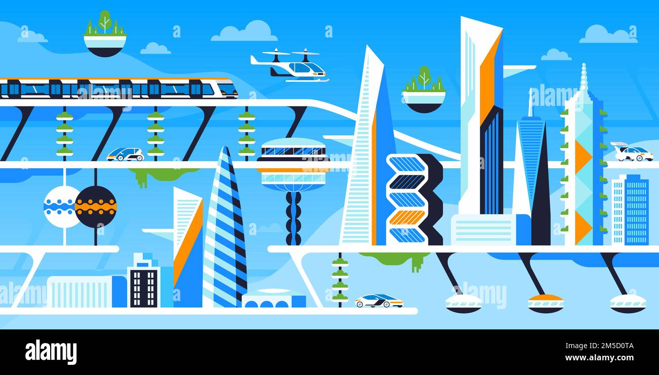 Eco friendly city flat vector illustration. Future downtown ...