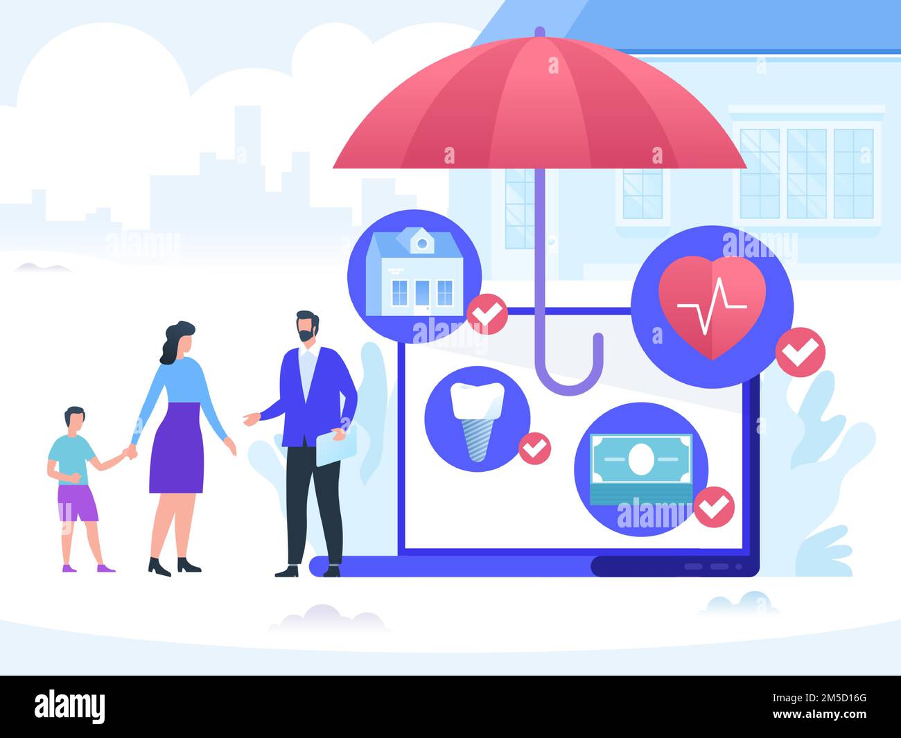 Insurance vector concept with icons. Family with agent. Shield and ...