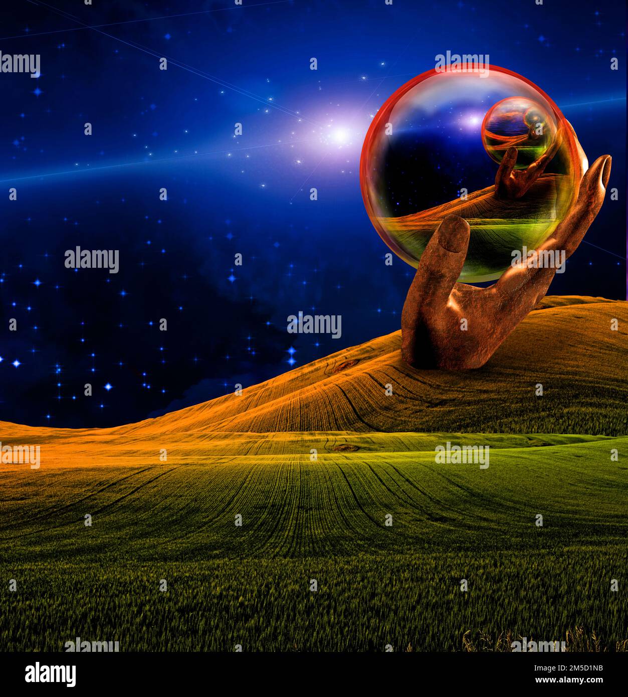 Hand sculpture holds glass sphere in surreal landscape. 3D rendering ...