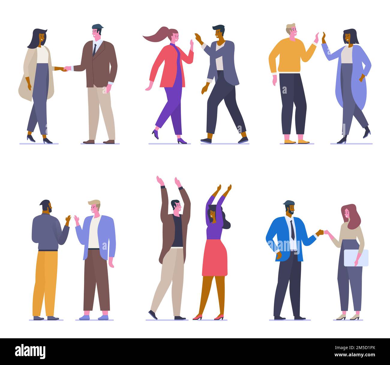 Different greetings flat vector illustrations set. Happy office workers ...
