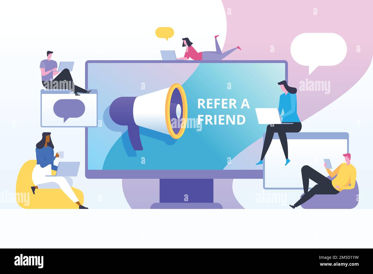 Refer a friend vector illustration concept. Social media marketing. Man shout on megaphone. Can ...
