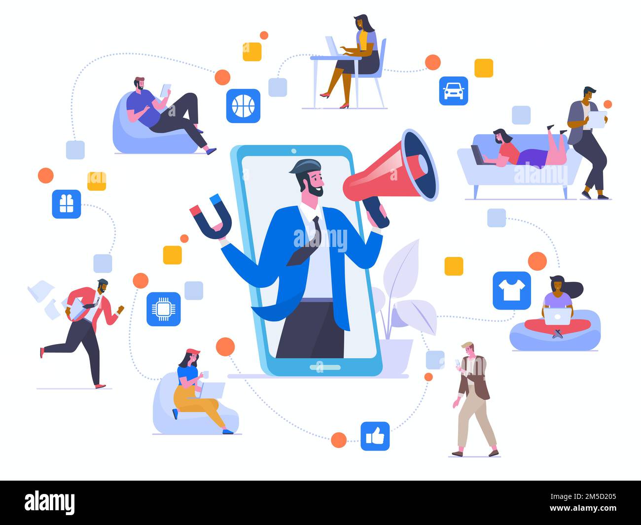 Network marketing flat vector illustration. Friends chatting, sharing ...