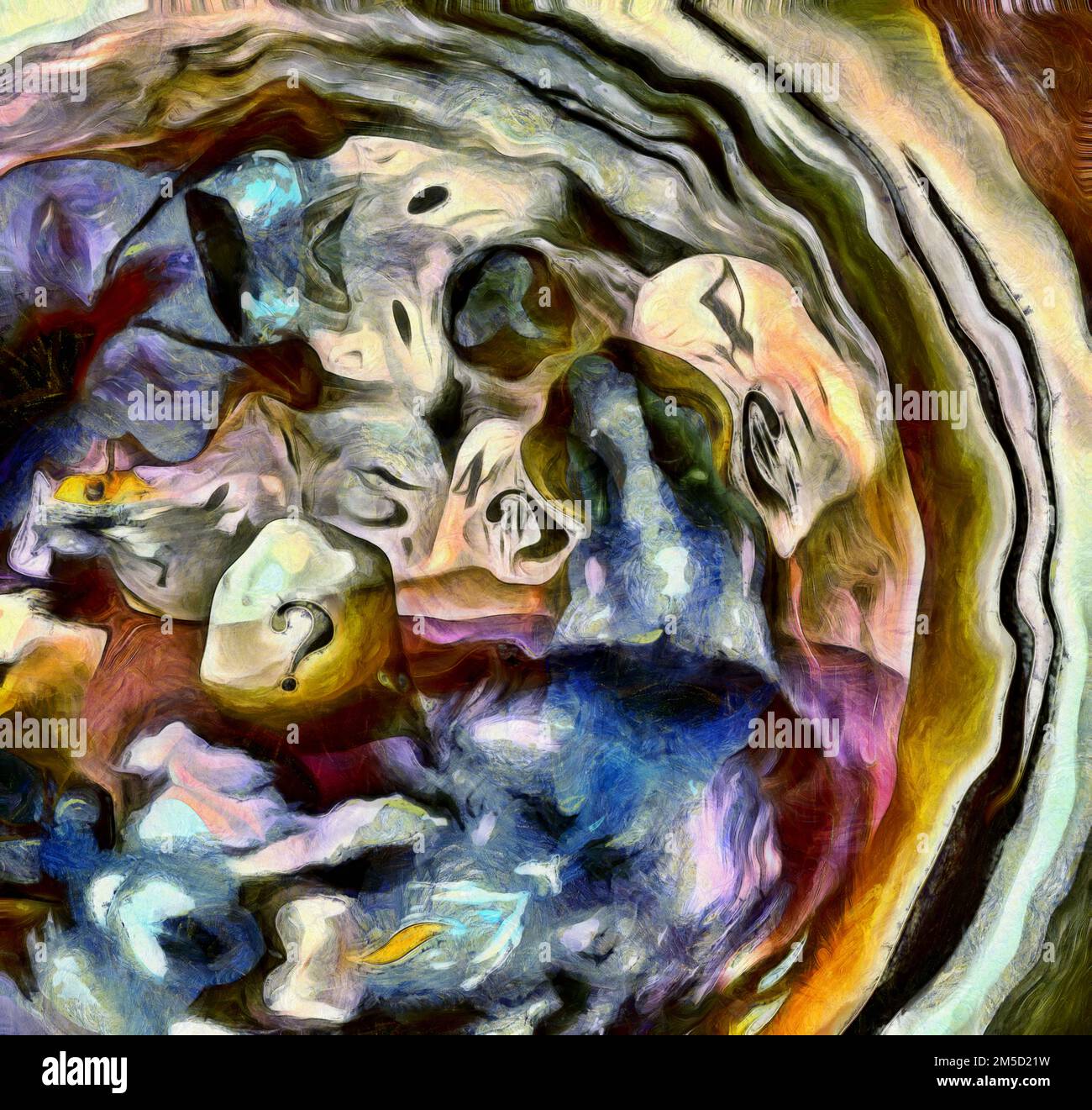 Complex abstract painting. Question marks and numbers. 3D rendering ...