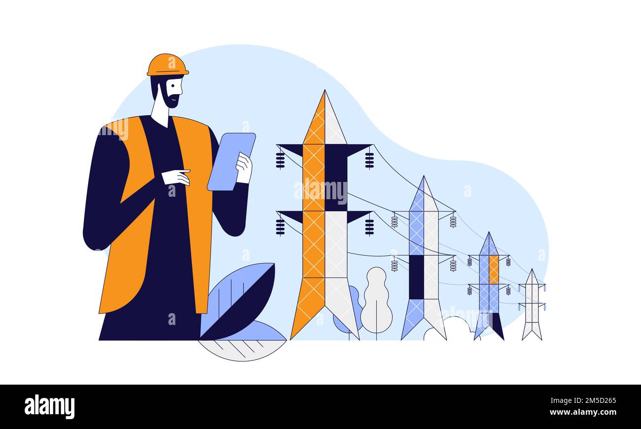 Engineer in orange vest flat vector illustration. Overhead power line support. Electricity ...