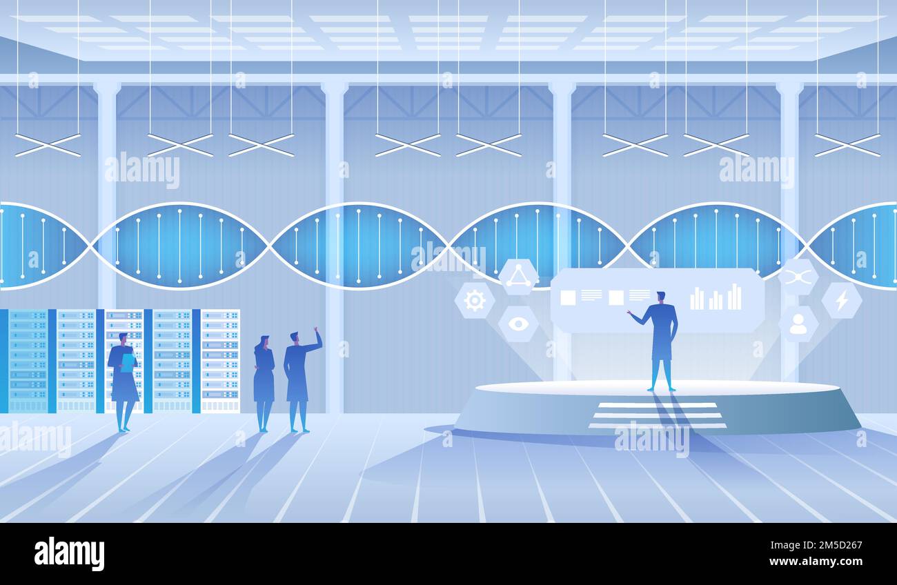 Science lab. Scientists man and woman conducting research in a lab. DNA ...