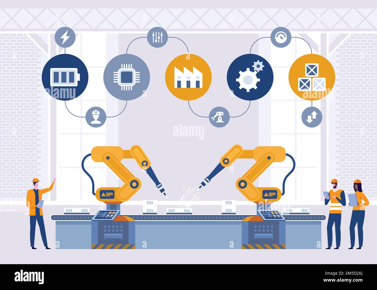Robot Arms Machine In Intelligent Factory Industrial On Monitoring System Software Production