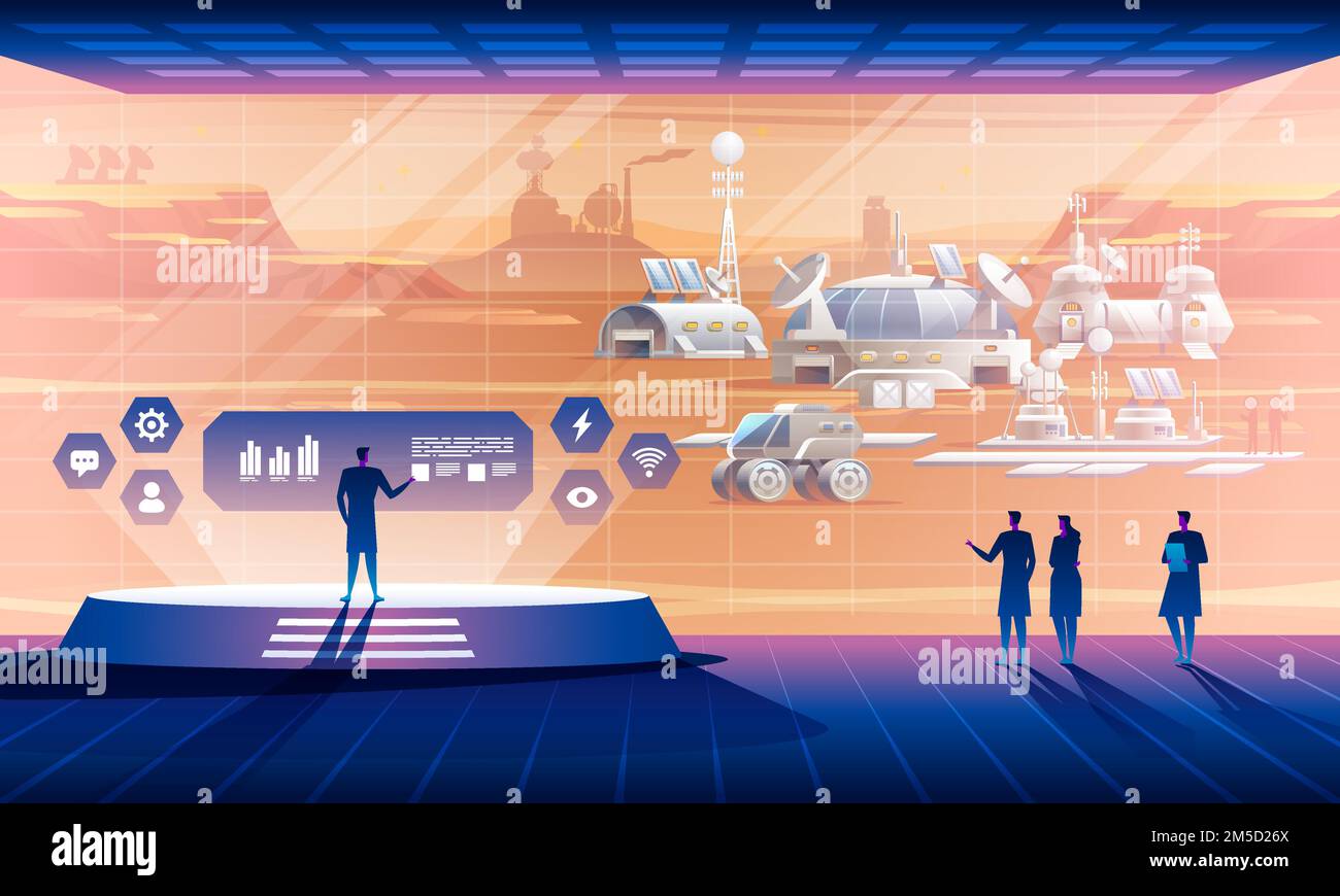 Interior of the space base with view on extraterrestrial settlement ...