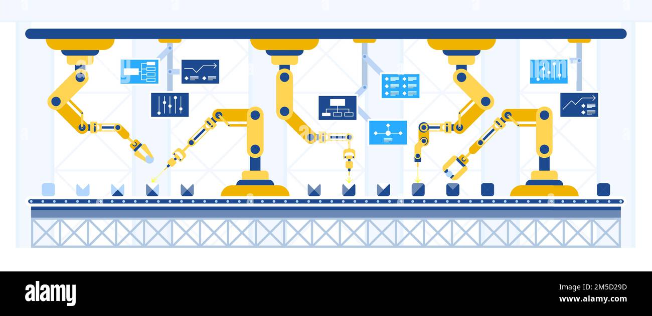 Conveyor belt automation flat vector illustration. Industrial revolution, IOT concept ...
