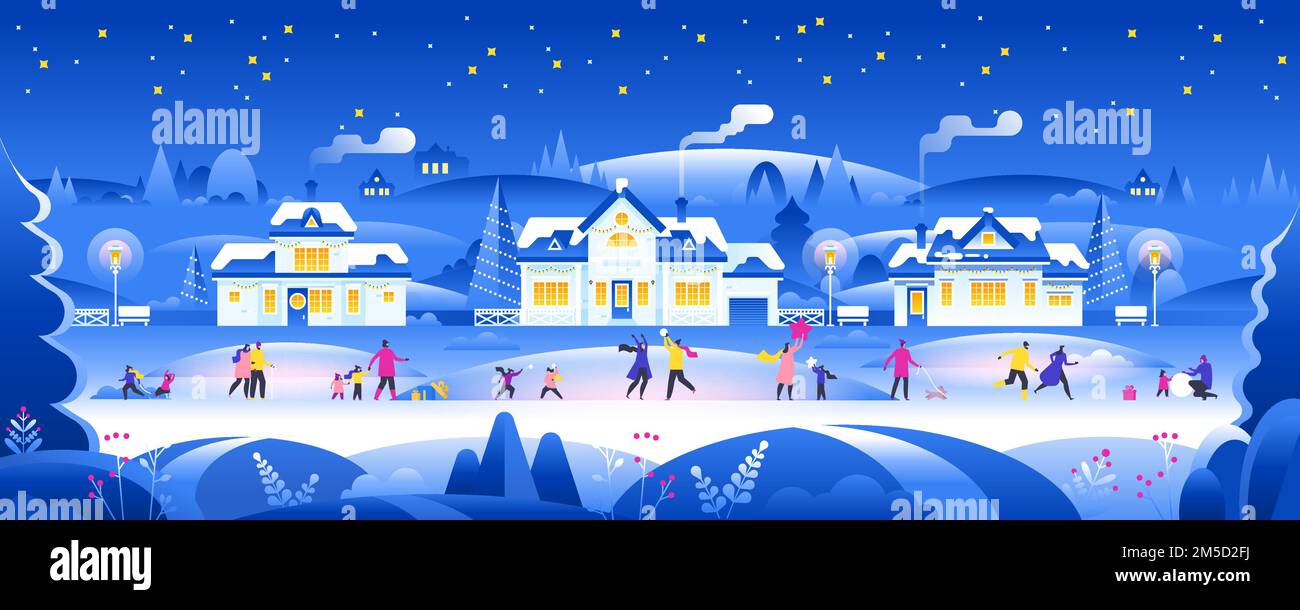Snowy night with people in cozy town city panorama Winter town village ...