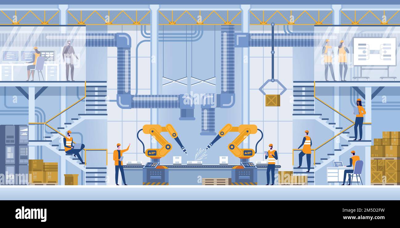 Robot arms machine in intelligent factory industrial on monitoring system software. Production ...