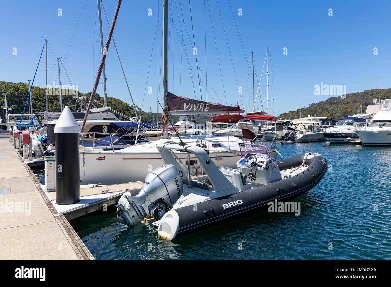 Boat marina at Church Point on Pittwater, boats berthed in the marina ...