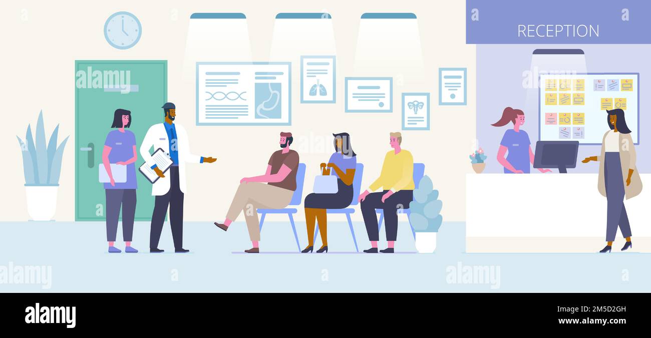 Medical center reception flat vector illustration. Men and women ...