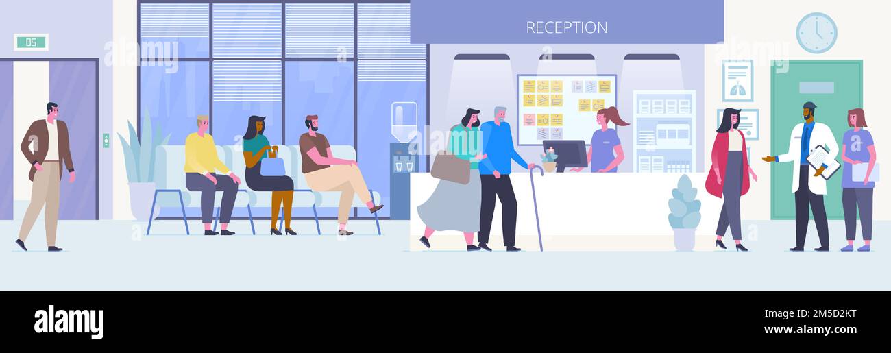 People in hospital hall flat vector illustration. Men and women in ...