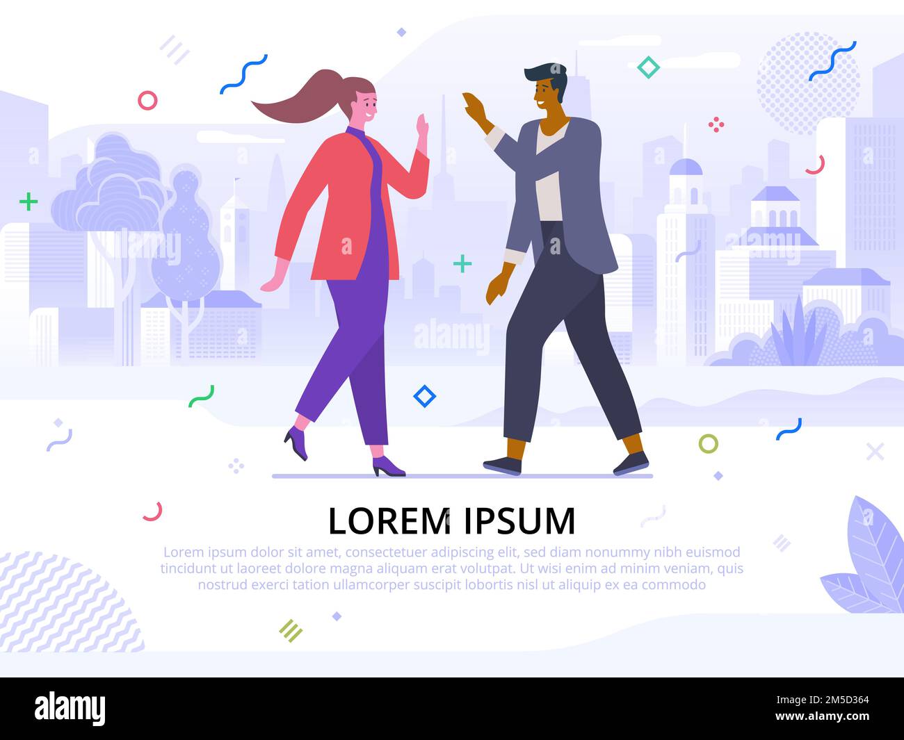 Friendly greeting flat banner vector template. Smiling colleagues ...