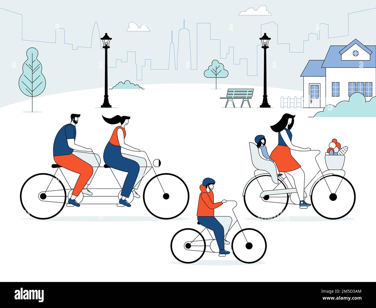 Sports and leisure outdoor activity. Cute family riding bicycles. Mom ...