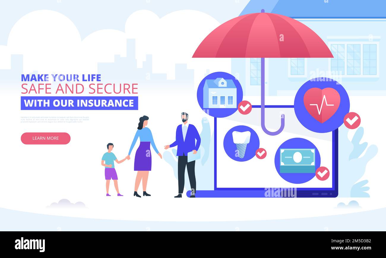 Insurance vector concept with icons. Family with agent. Shield and ...