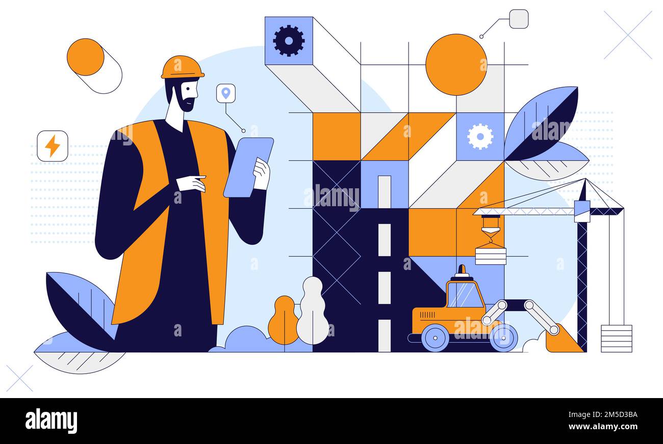 Eco infrastructure flat vector illustration. Engineers in helmets ...