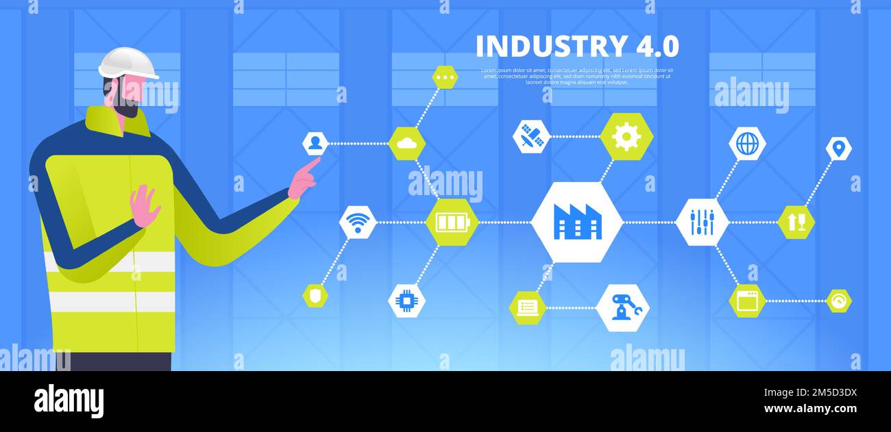 Industrial revolution flat banner vector template. Smart factory worker ...