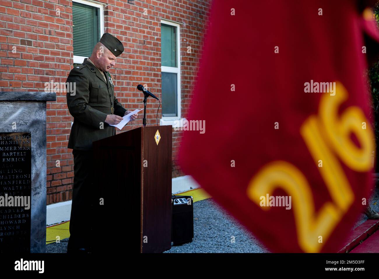 U.S. Marine Corps Lt. Col. Ryan Cohen speaks during a ceremony with 2nd ...