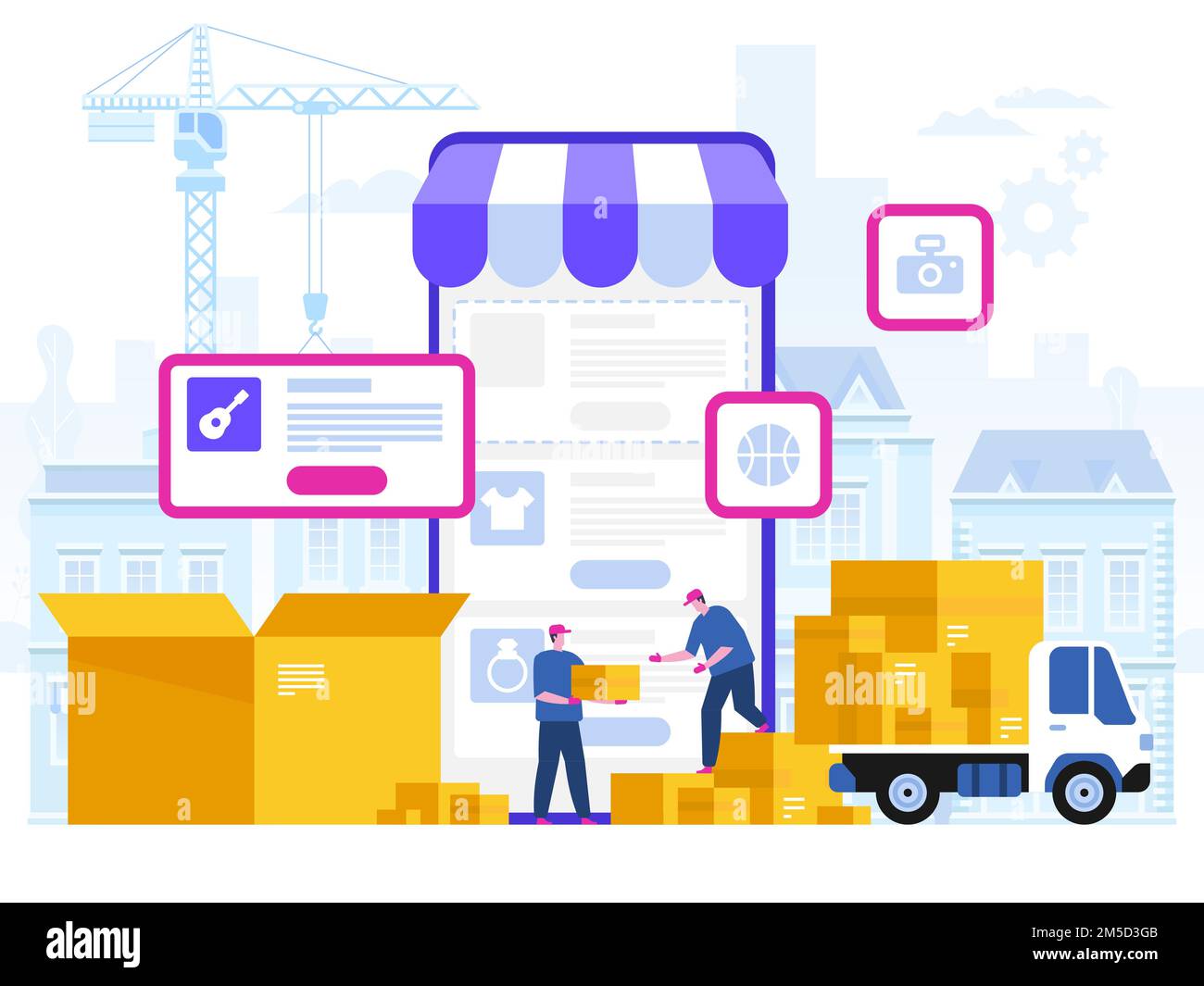 Delivery service concept. Truck with boxes and delivery workers or ...
