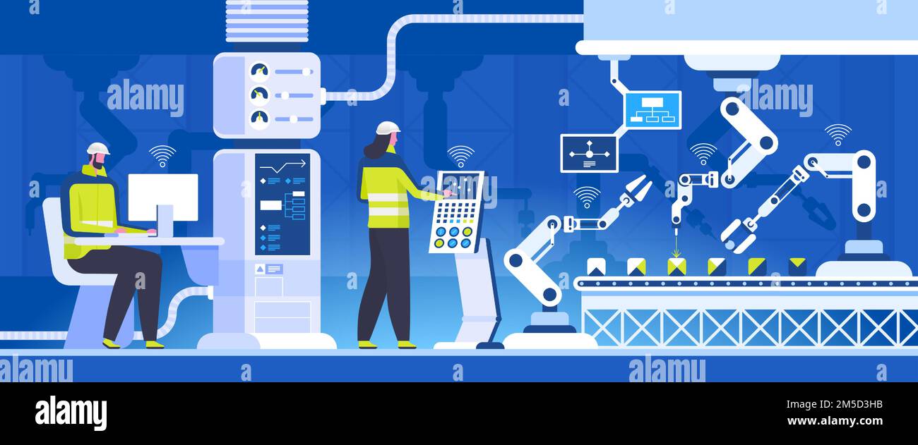 Innovative production flat vector illustration. Male and female ...