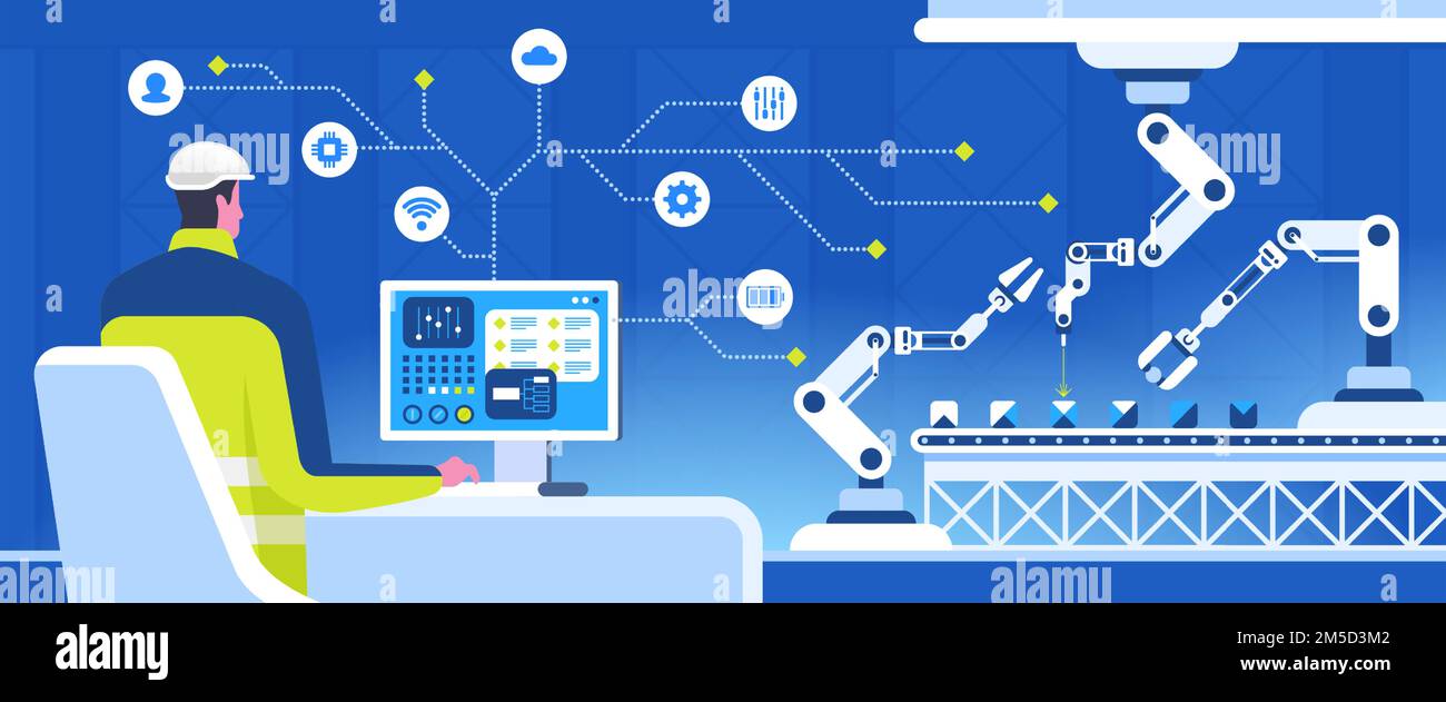 Smart conveyor manager flat vector illustration. Engineer working with ...