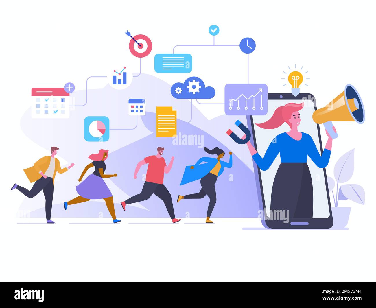 Referral program flat vector illustration. People running to smartphone ...