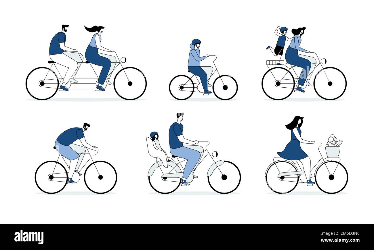 People on bicycles flat vector illustrations set. Adults and children ...