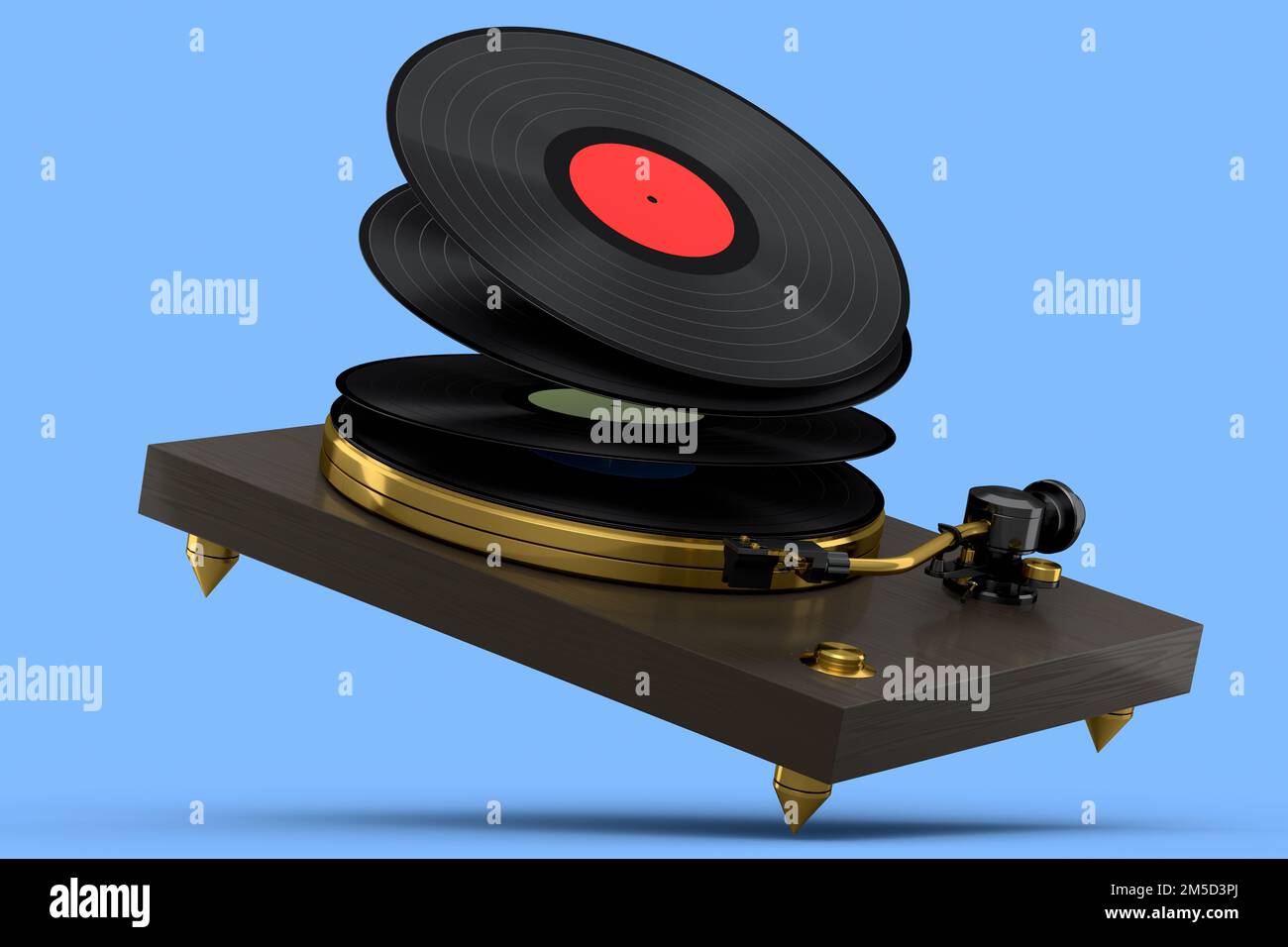 Vinyl record player or DJ turntable with flying vinyl plate on blue ...